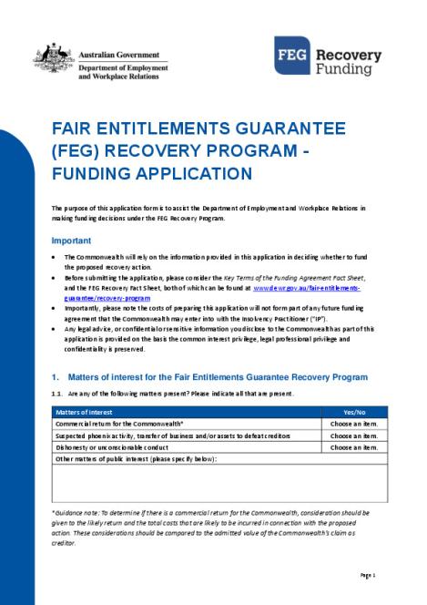 FEG Recovery Program Funding Application Template - Department of Employment and Workplace ...